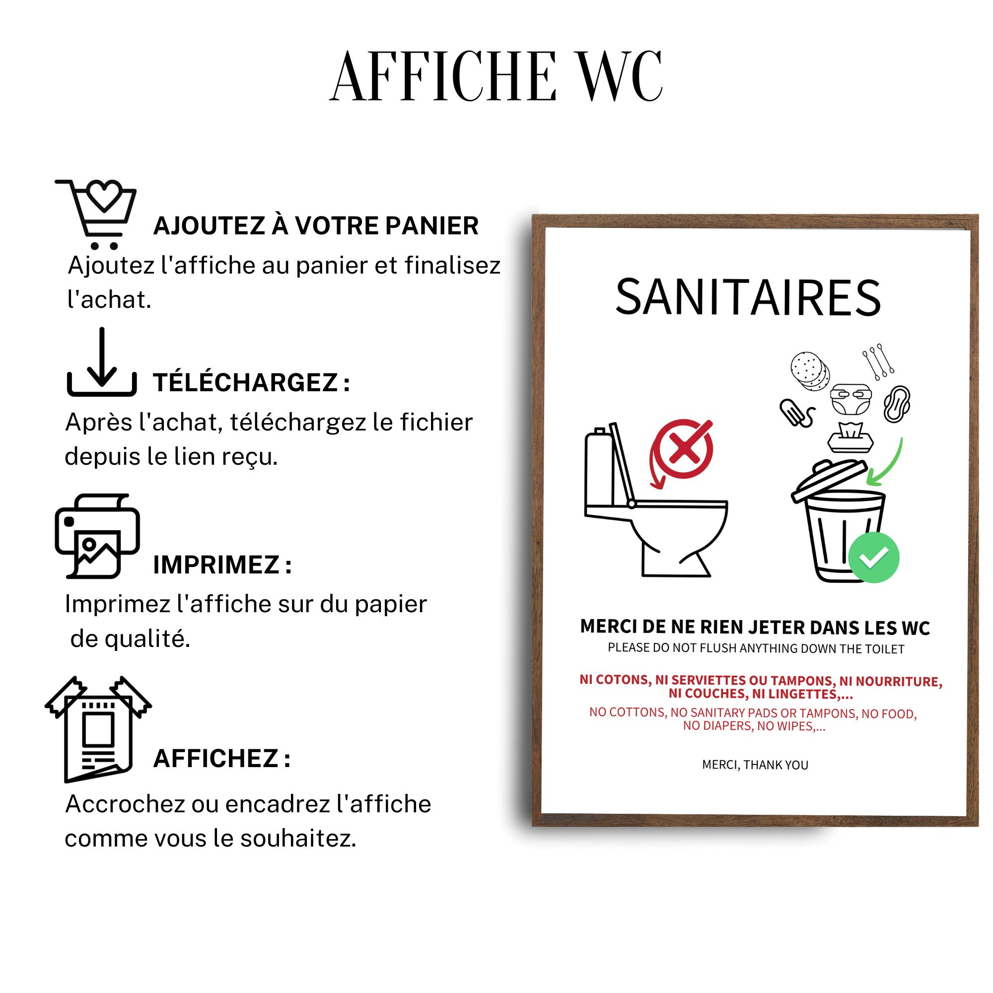 WC Poster to Print: Do Not Throw Anything in the Toilet, in French and ...