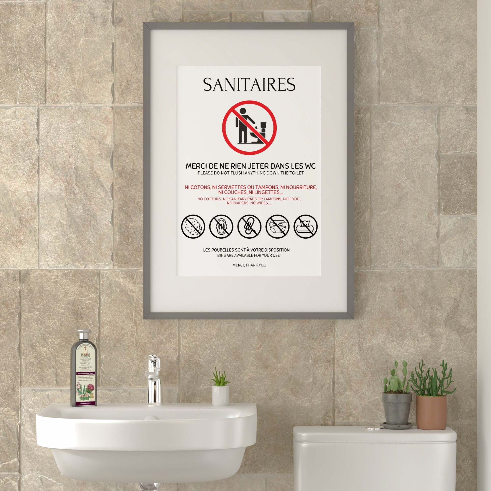 Ne rien jeter dans les toilettes, 2 Affiches en Français et Anglais ...