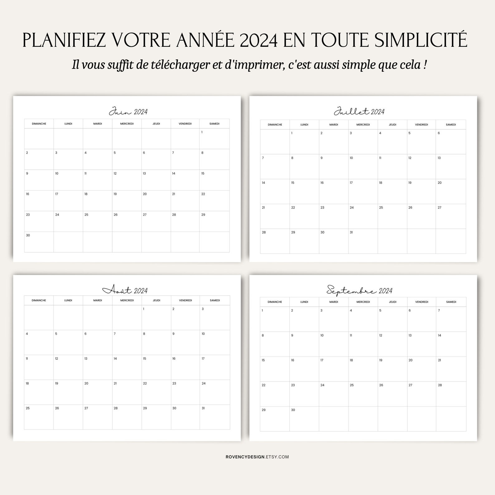 Calendrier 2024 à imprimer, calendrier mensuel en français, Format A4 ...