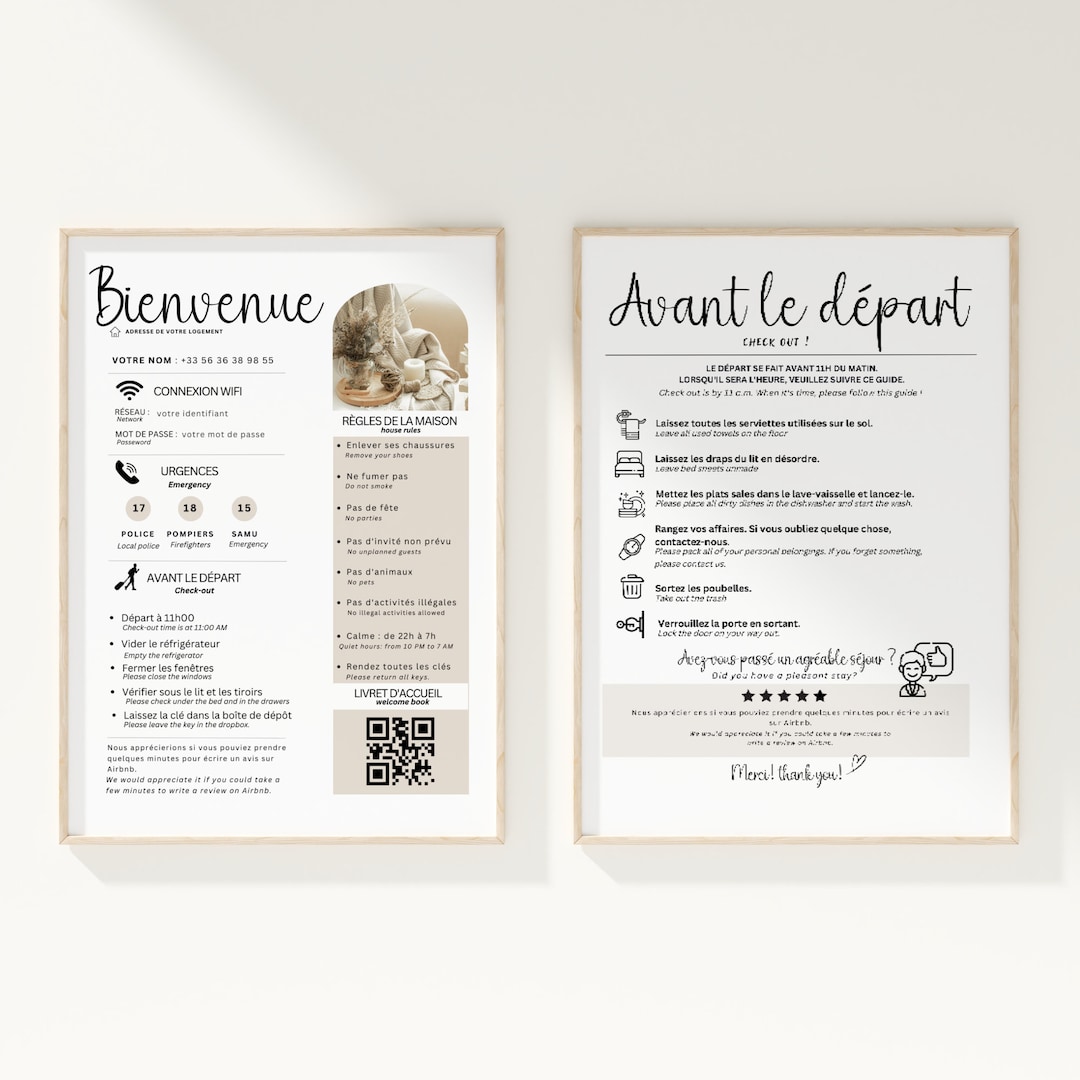 Affiche Accueil Airbnb en Français et anglais à personnaliser sur Canva ...