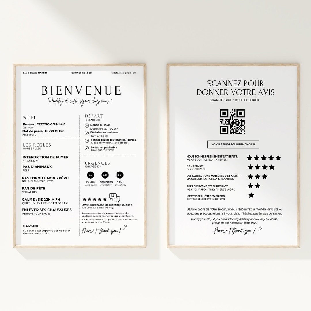 Affiches D'accueil Et Avis Client Pour Airbnb, En Français Et Anglais ...