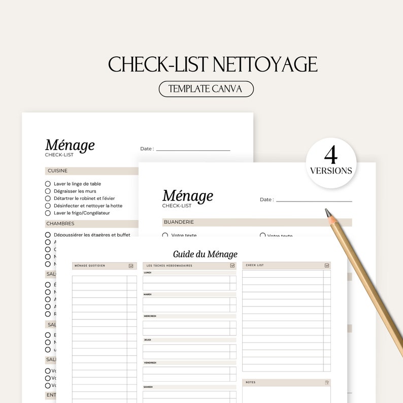 Check-list de ménage en français, Template Canva, planning de nettoyage ...