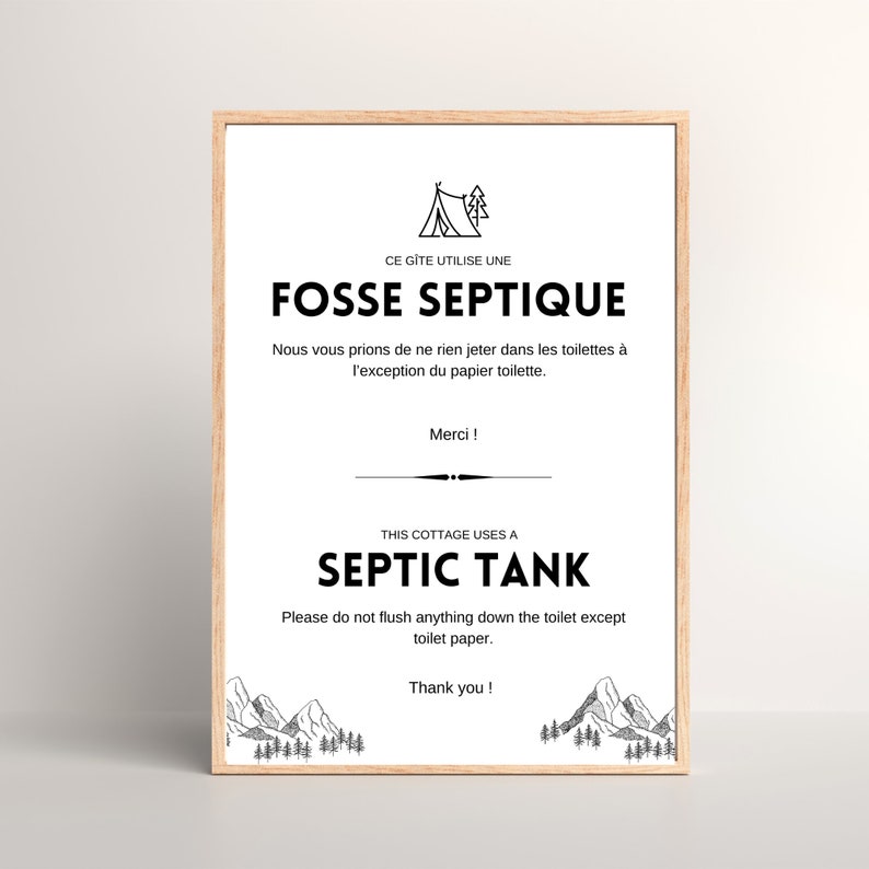 Affiche Fosse septique, Panneau toilette pour Gîte français et anglais ...