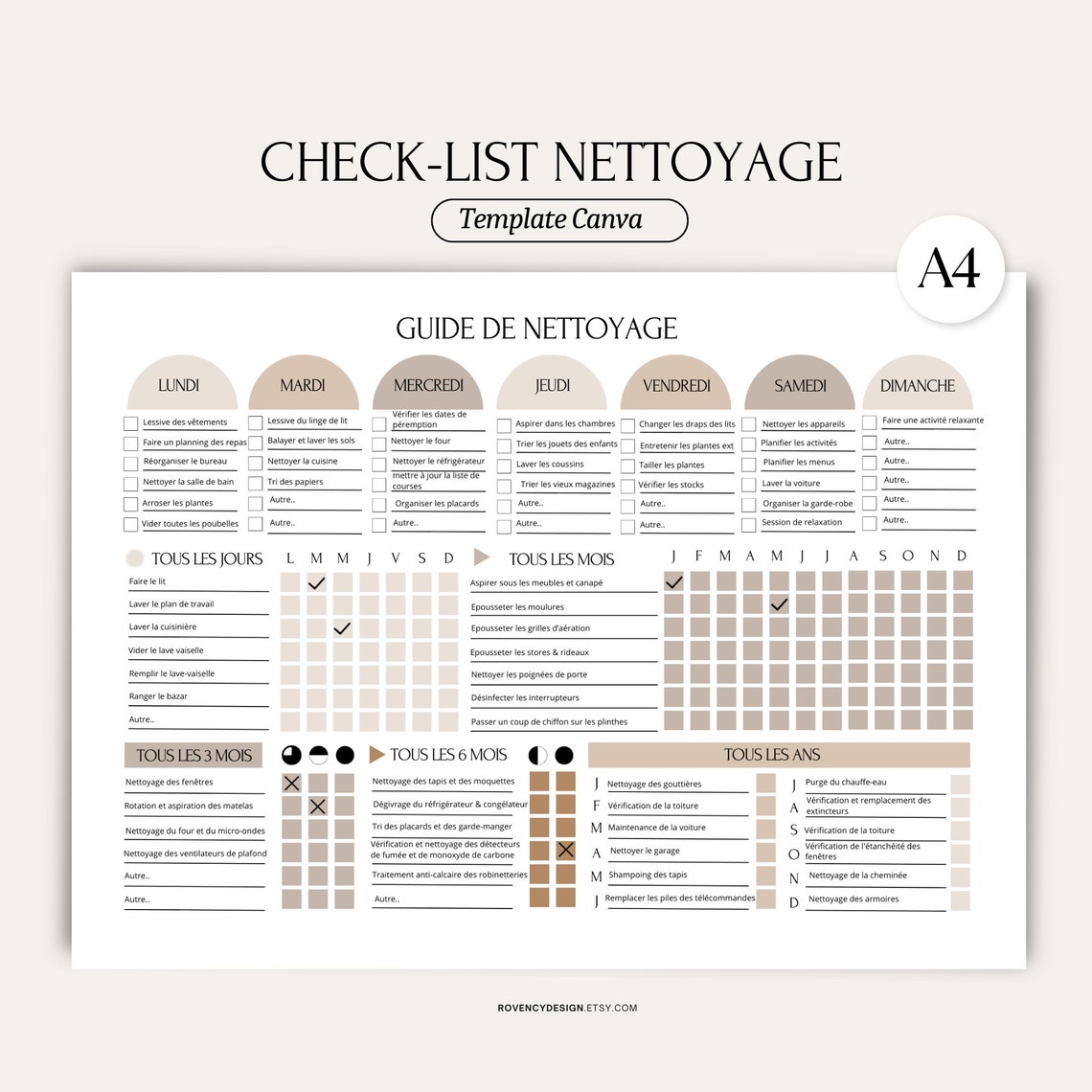 Check-list de ménage, en français, Template Canva, Style Boho, planning ...
