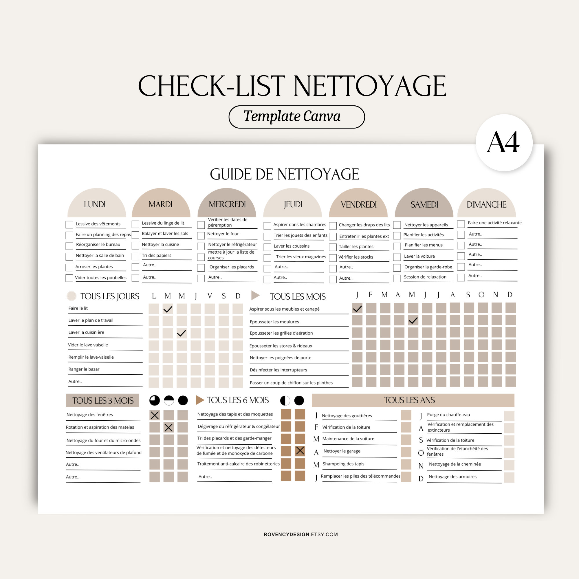 Check-list de ménage, en français, Template Canva, Style Boho, planning ...