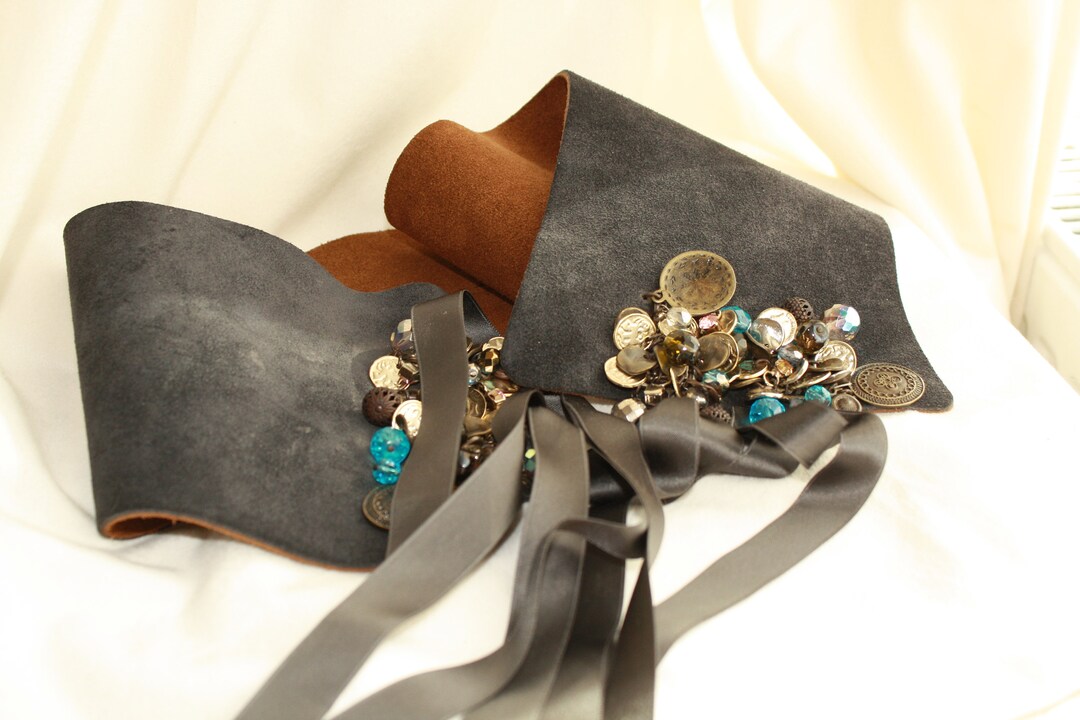 Dark Blue Leather Wide Belt for Women, Bohemian Style Waist Belt ...