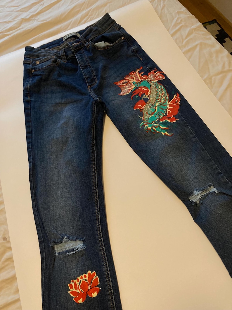 Custom Painted Jeans With Fish in Orient Style, Customized Blue Jeans ...