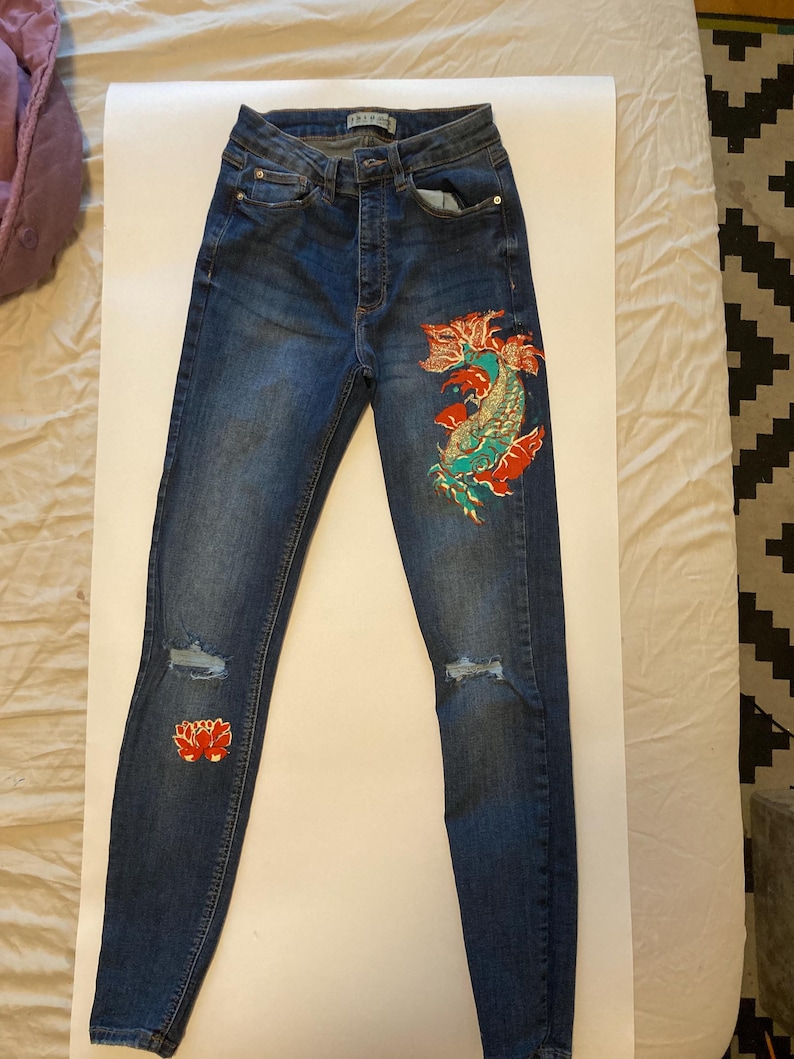 Custom Painted Jeans With Fish in Orient Style, Customized Blue Jeans ...