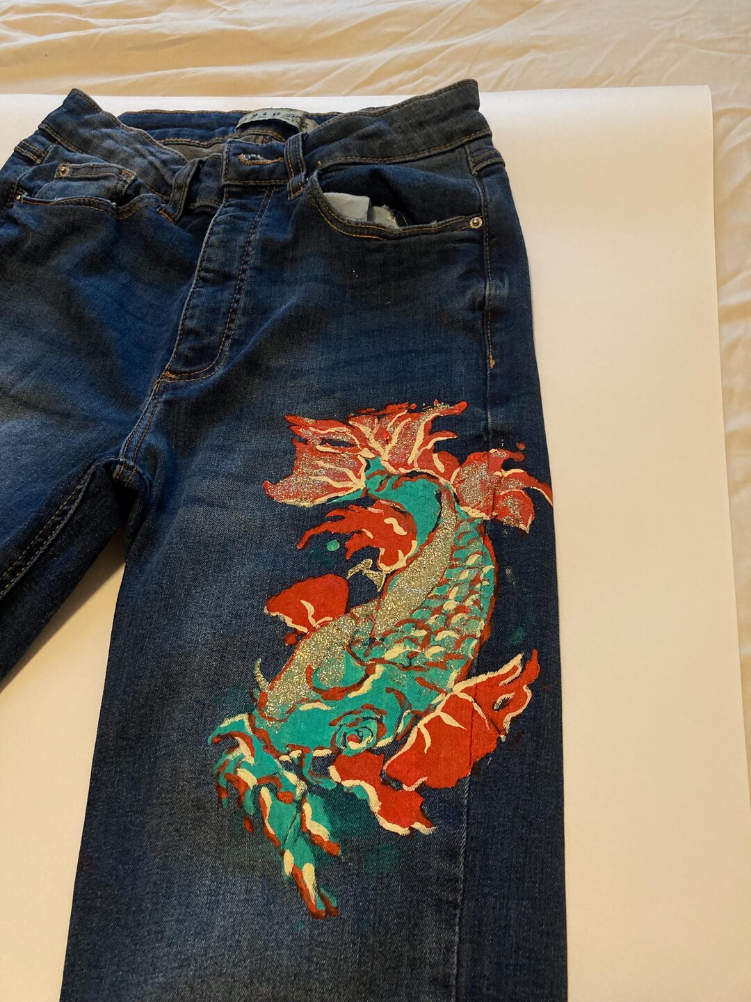 Custom Painted Jeans With Fish in Orient Style, Customized Blue Jeans ...