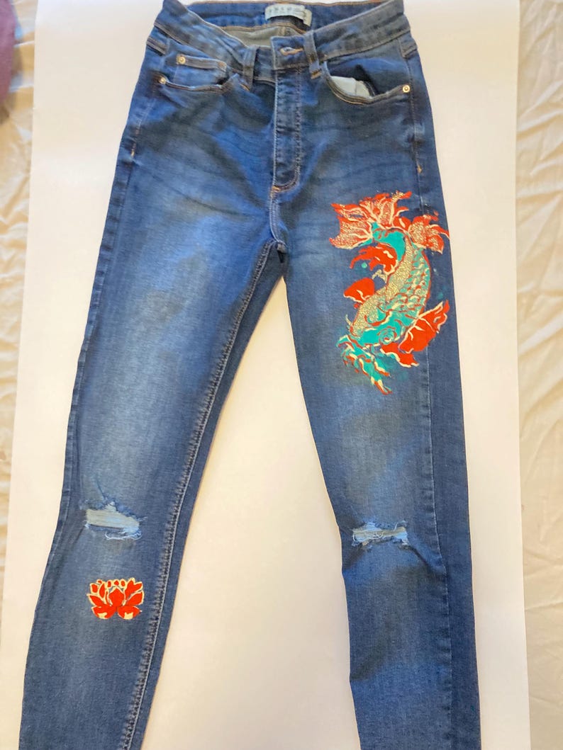 Custom Painted Jeans With Fish in Orient Style, Customized Blue Jeans ...