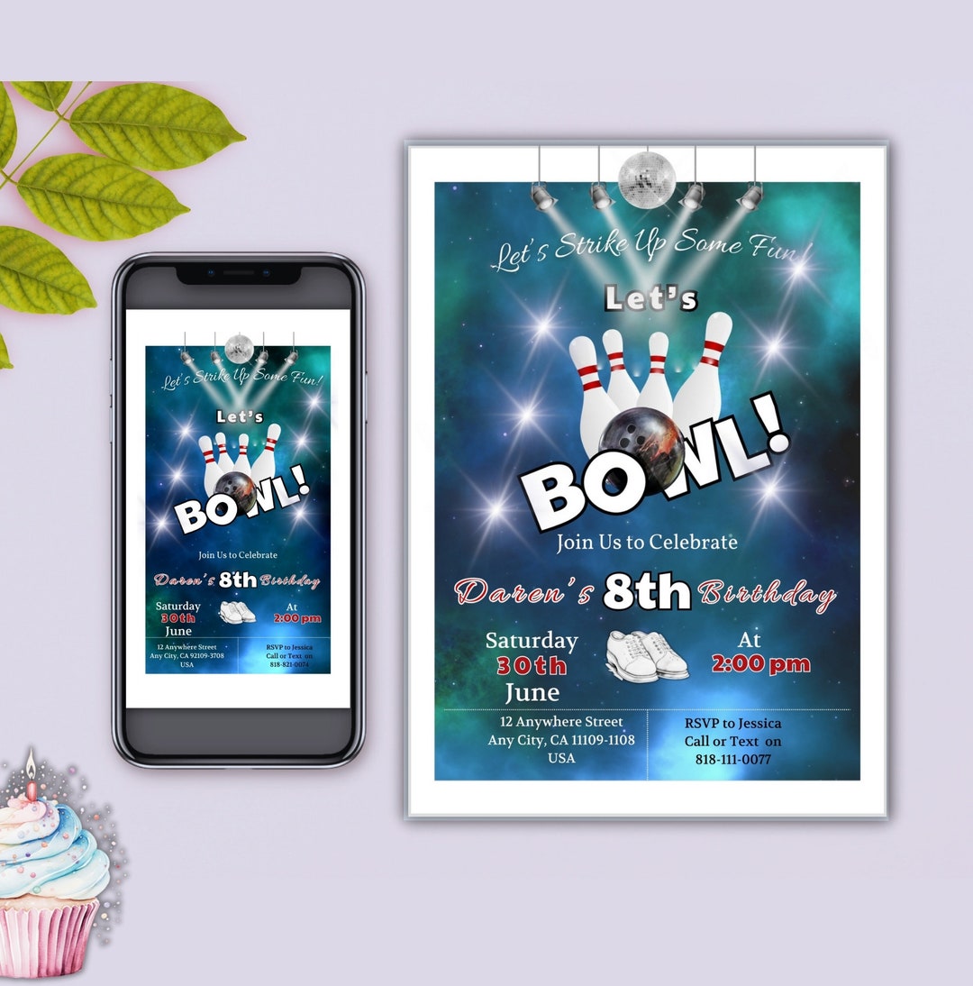 Editable Canva Bowling Birthday Invitation, 8th Birthday Party, Bowling ...