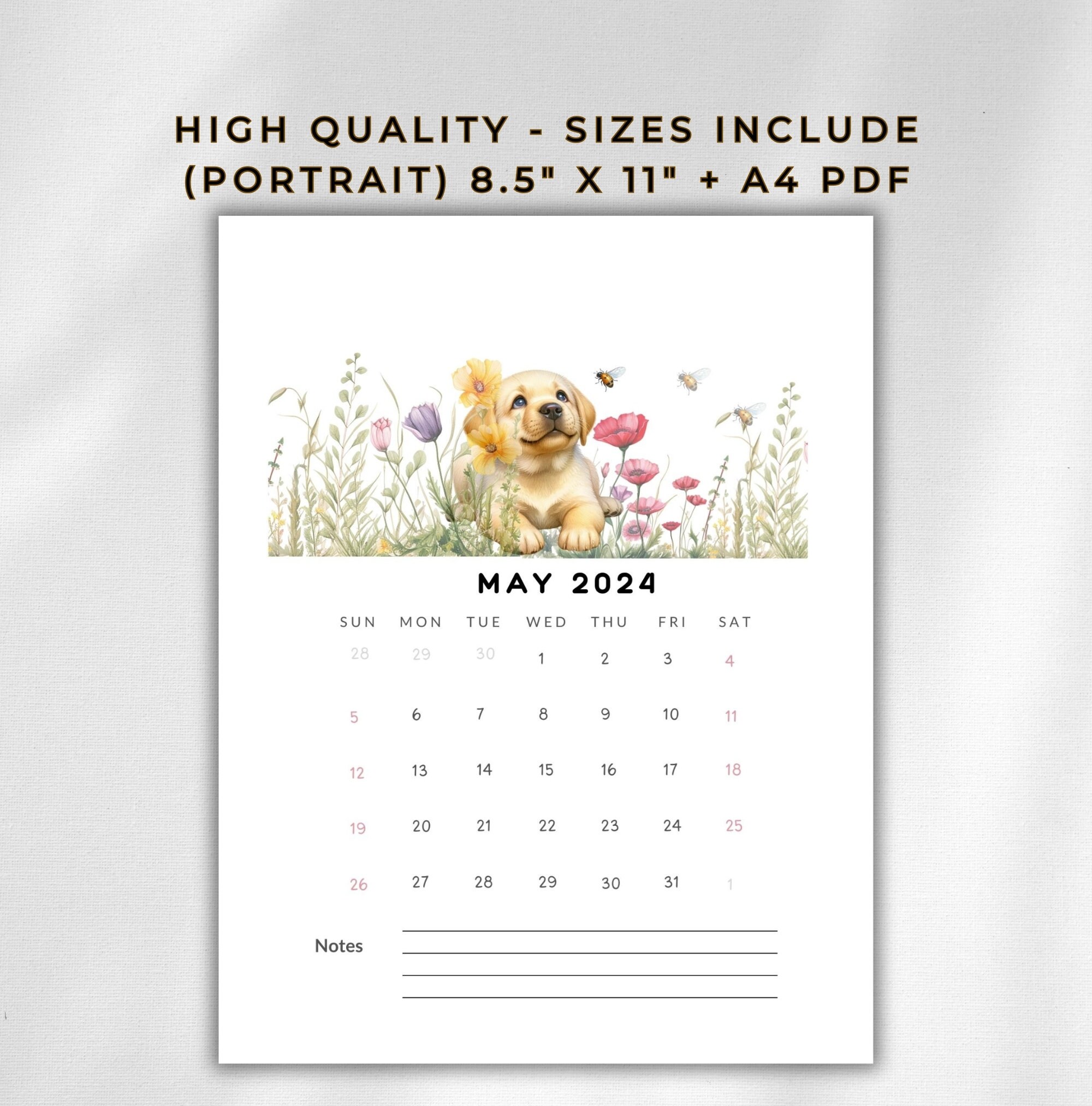 Printable Dog Calendar 2024, Labrador, Golden Retriever, Yearly Dog ...