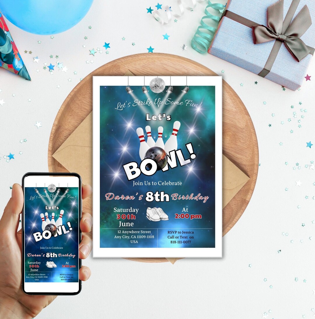 Editable Canva Bowling Birthday Invitation, Bowling Party Invite, Boys ...