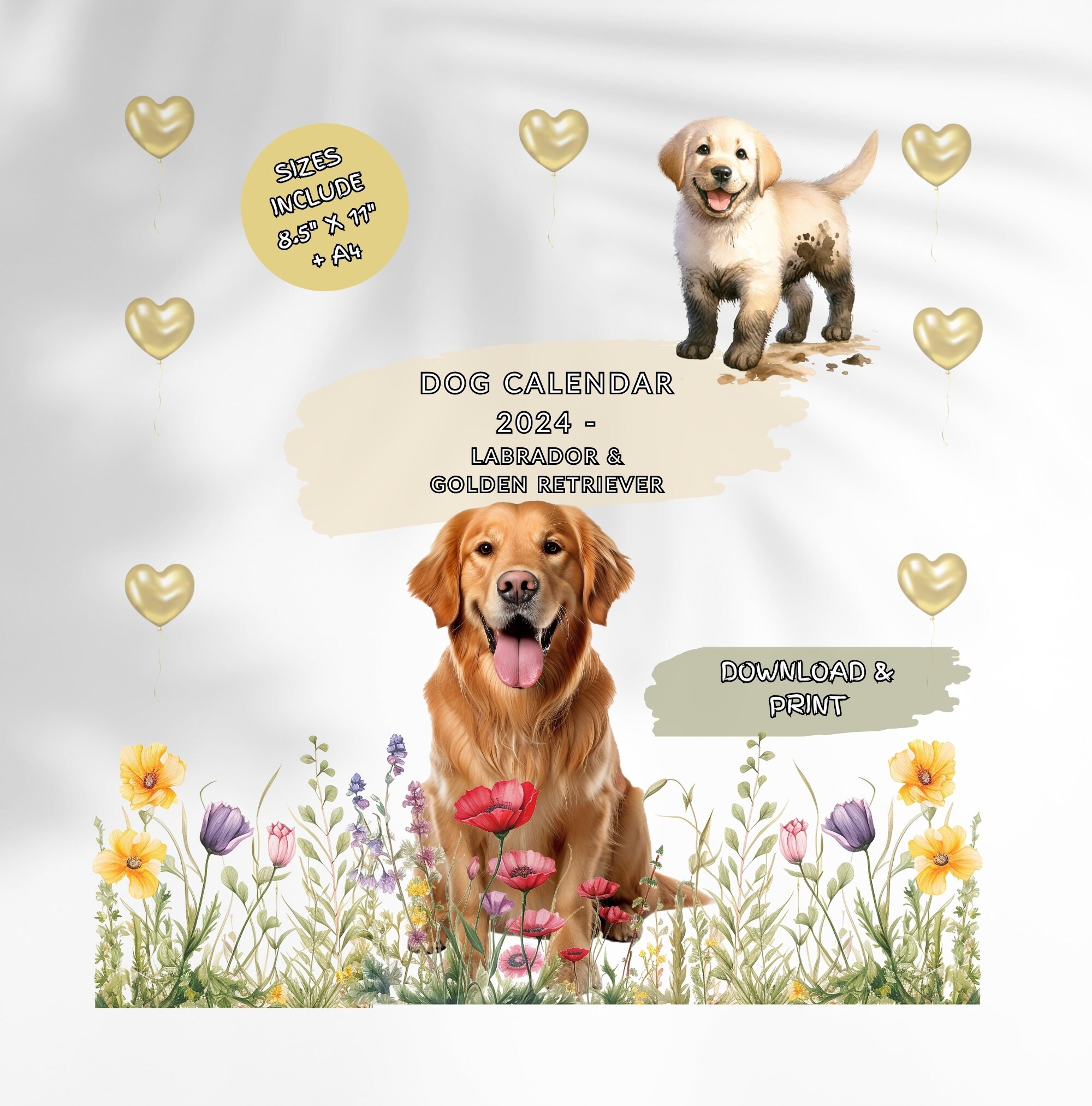 Printable Dog Calendar 2024, Labrador, Golden Retriever, Yearly Dog ...