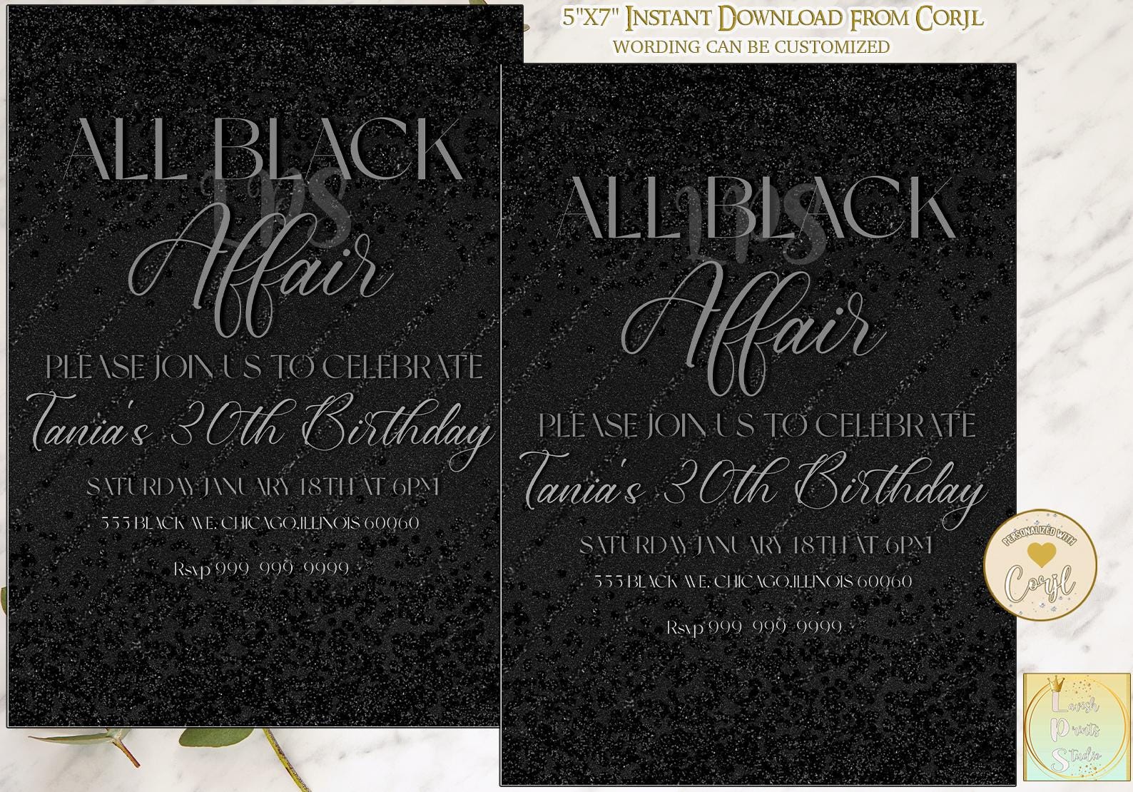 All Black Party Invitation, All Black Affair Invitation, Black Glitter ...