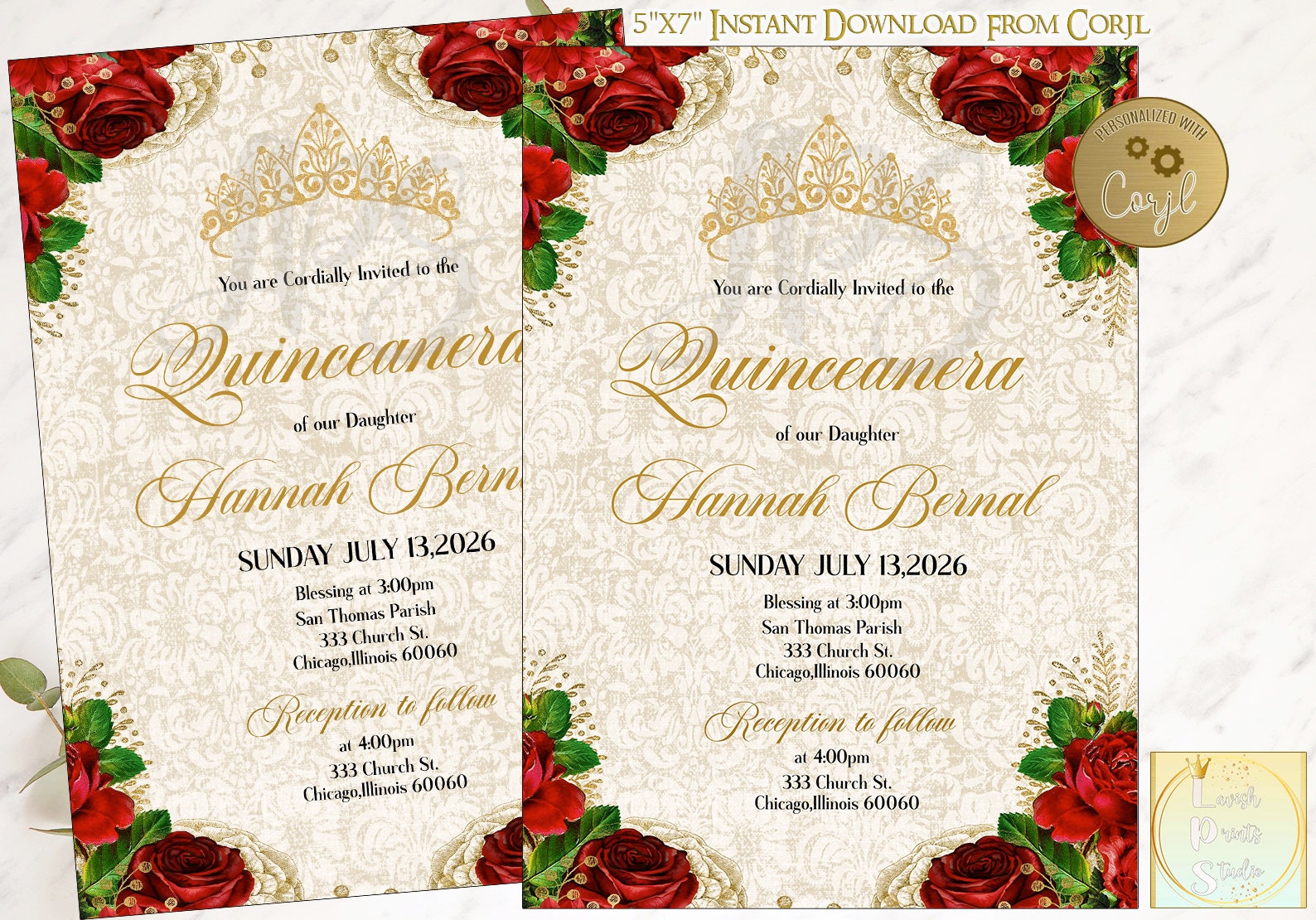 EDITABLE Quinceanera Invitation, Red Roses, Red Gold Quince, Mis Quince ...