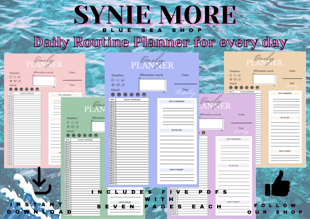 Printable Digital Daily Planner in Five Different Colors - Etsy