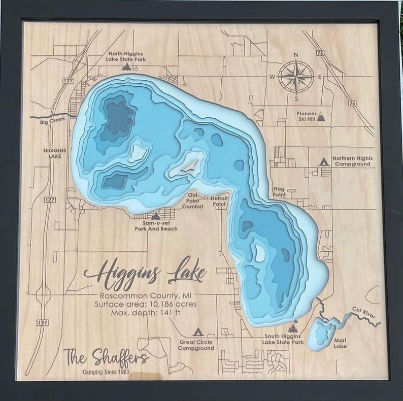 Higgins Lake Bathymetric Layered Map - Customizable | Family Gift ...