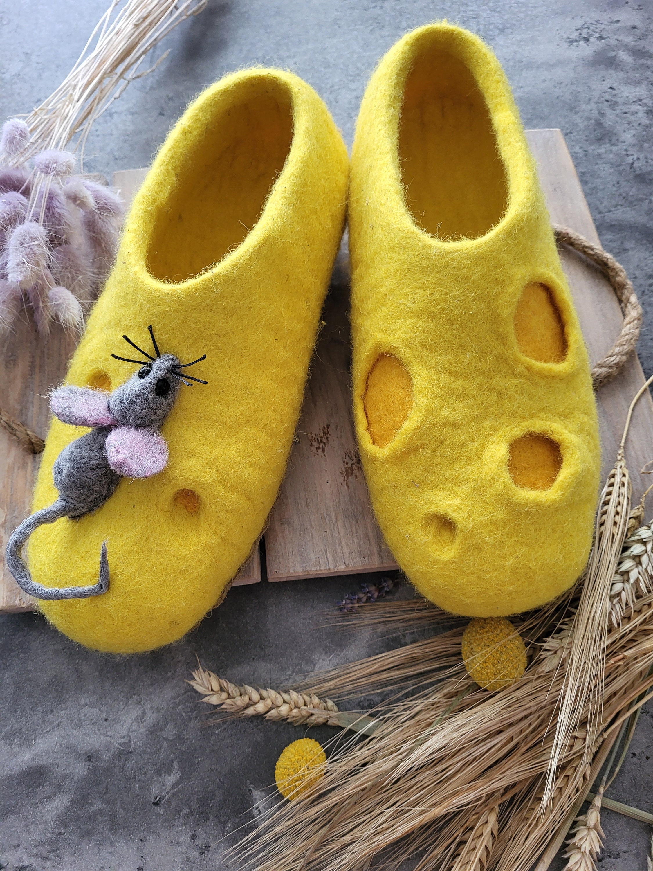 Felted Wool Mouse Cheese Slippers, Handmade Home Shoes, Gift for Mom ...