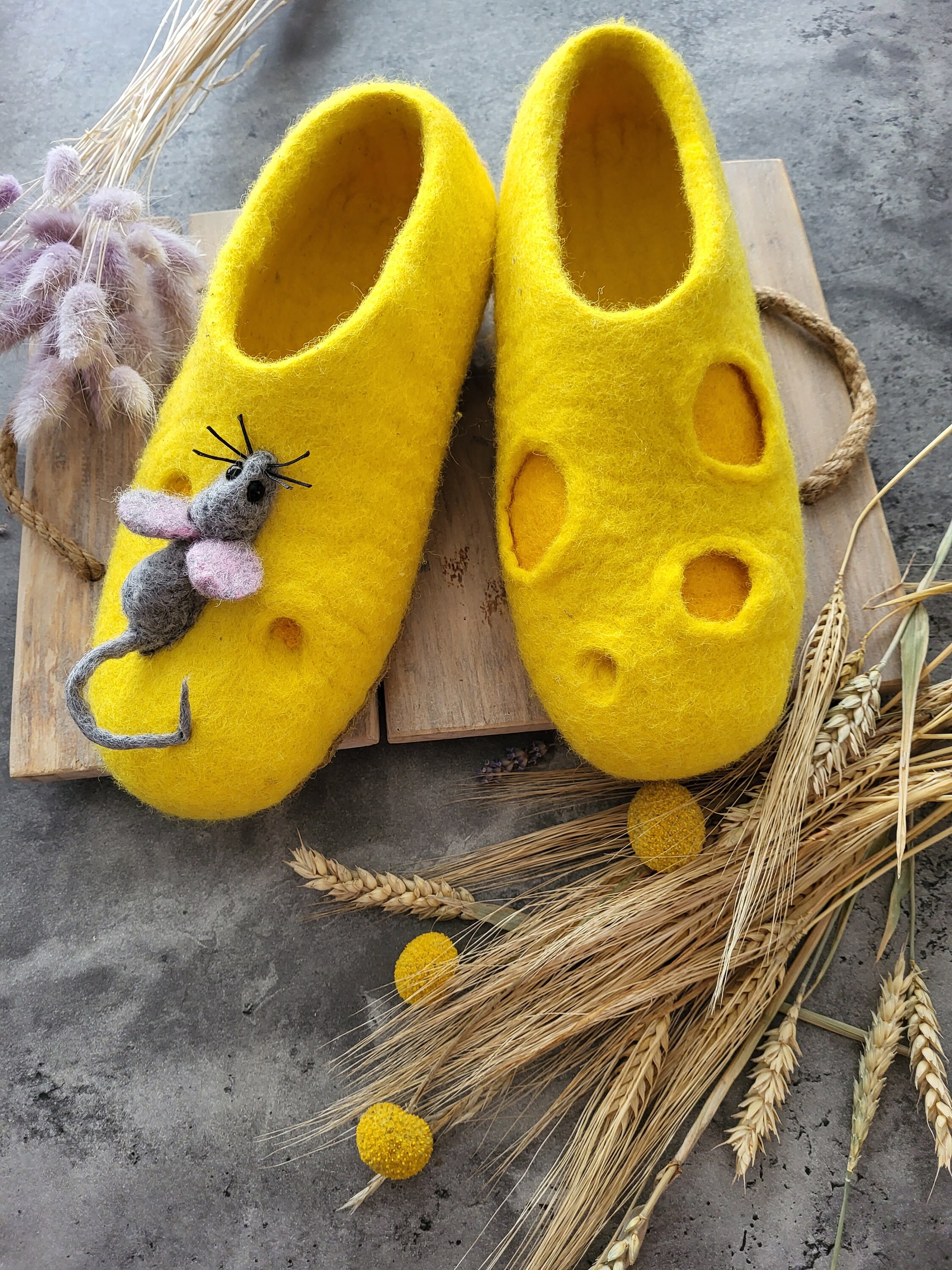 Felted Wool Mouse Cheese Slippers, Handmade Home Shoes, Gift for Mom ...