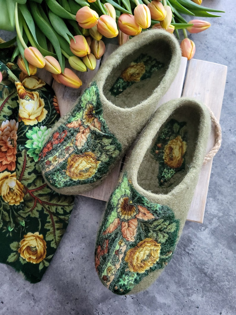 Green Organic Eco Wool Handmade Felted Slippers Warm Handcrafted Rustic ...