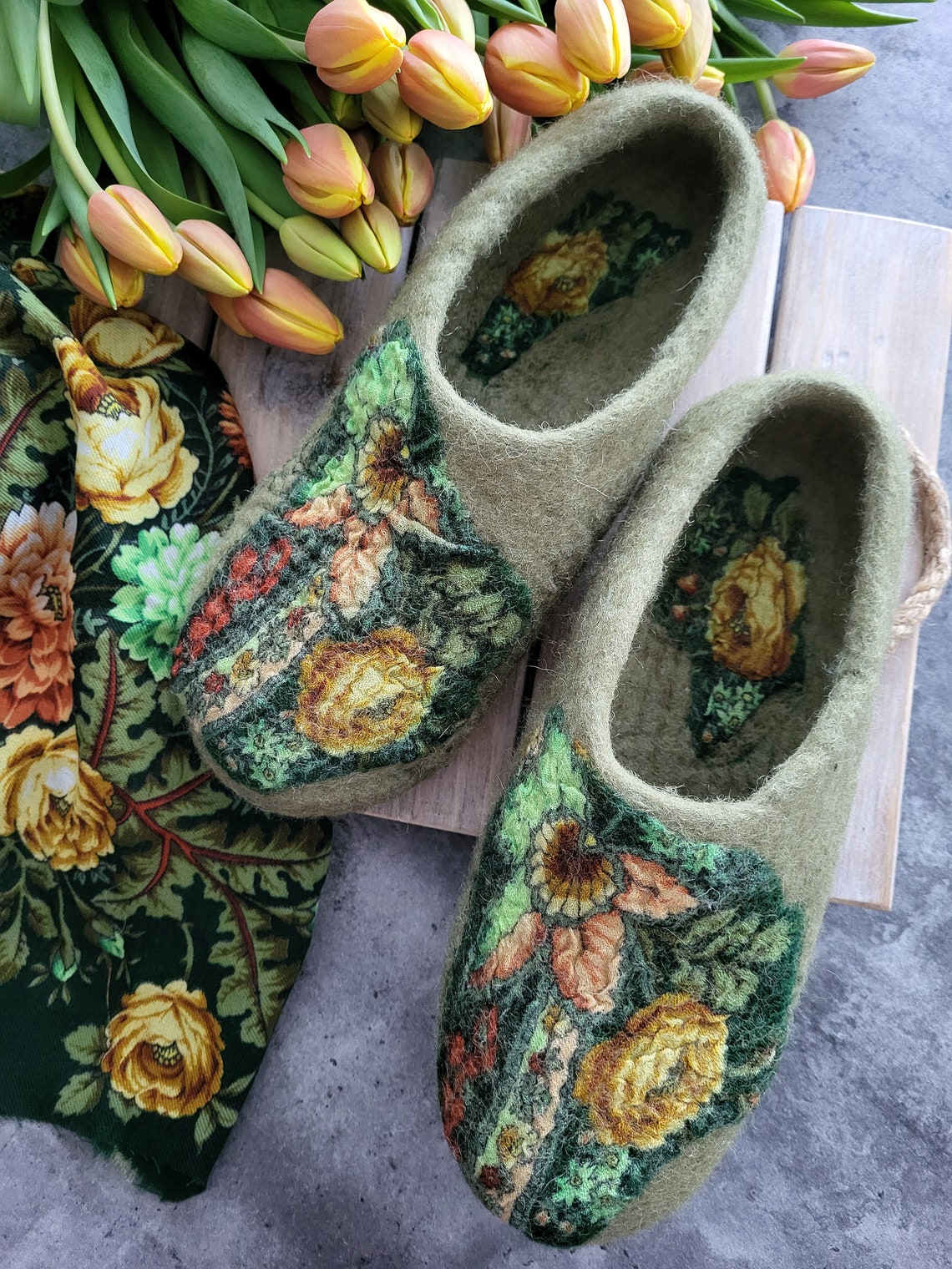Green Organic Eco Wool Handmade Felted Slippers Warm Handcrafted Rustic ...