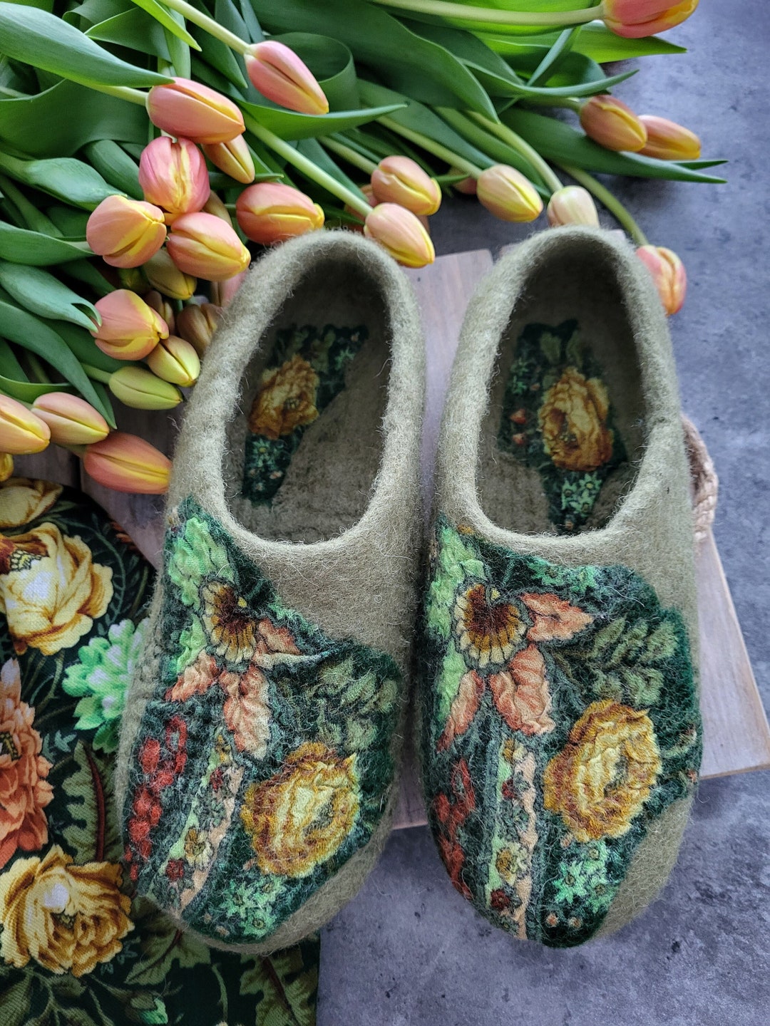 Green Organic Eco Wool Handmade Felted Slippers Warm Handcrafted Rustic ...