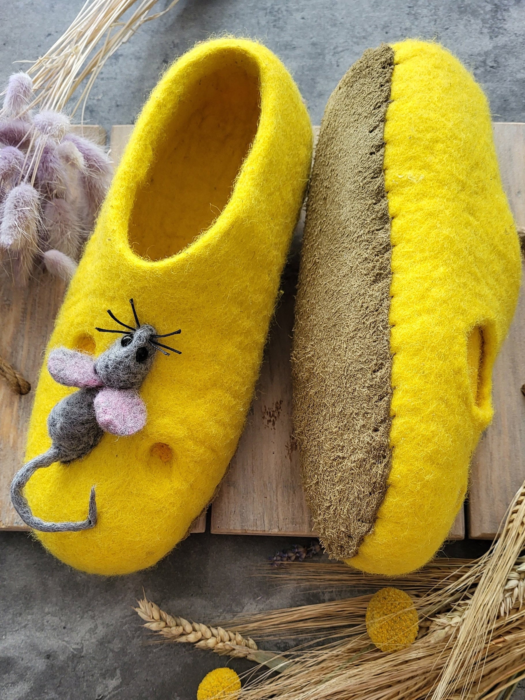 Felted Wool Mouse Cheese Slippers, Handmade Home Shoes, Gift for Mom ...
