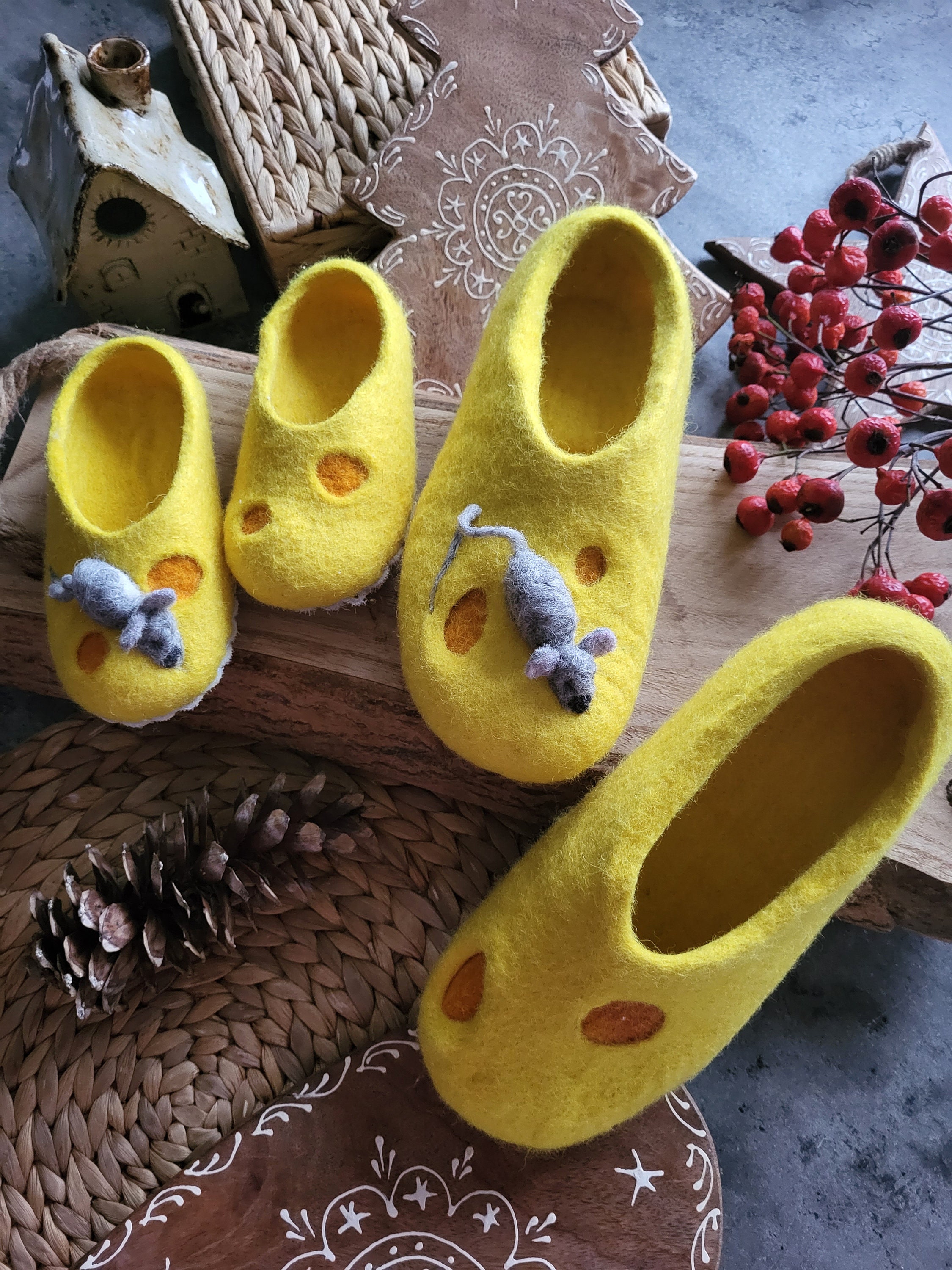 Felted Wool Mouse Cheese Slippers, Handmade Home Shoes, Gift for Mom ...