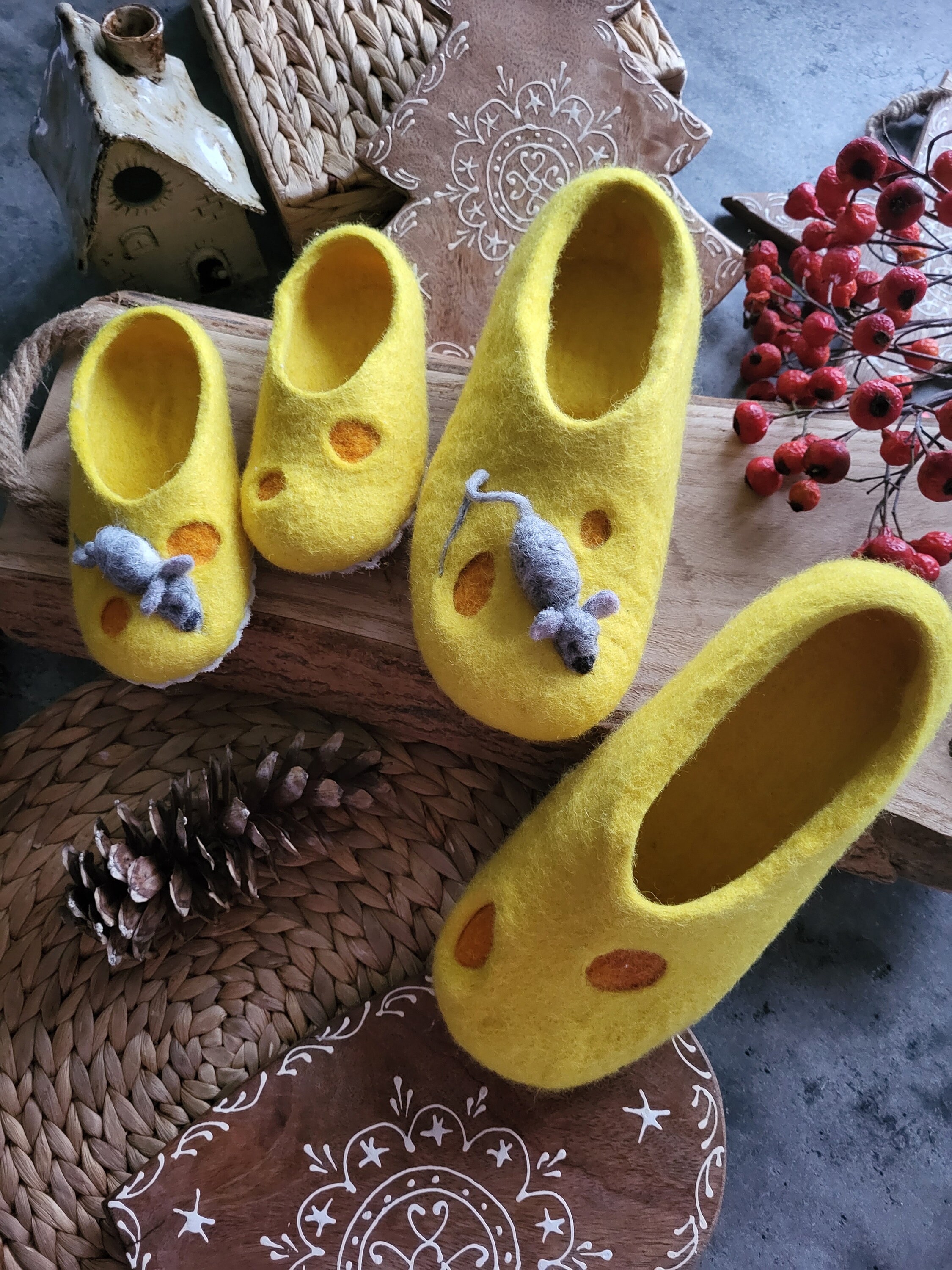 Felted Wool Mouse Cheese Slippers, Handmade Home Shoes, Gift for Mom ...