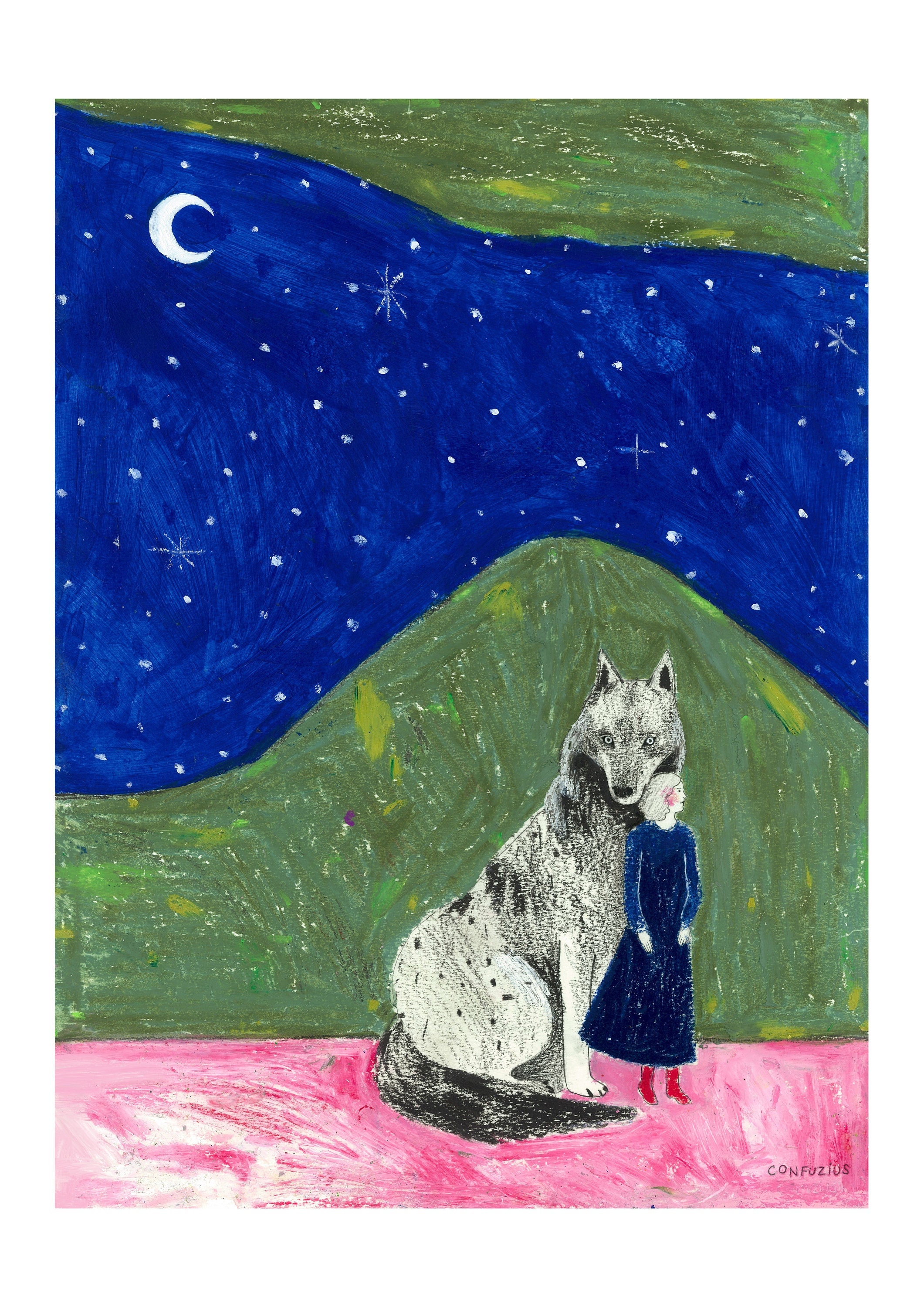 Art Print wolf Girl on Paper, Wolf Painting, Children Books, Colorful ...