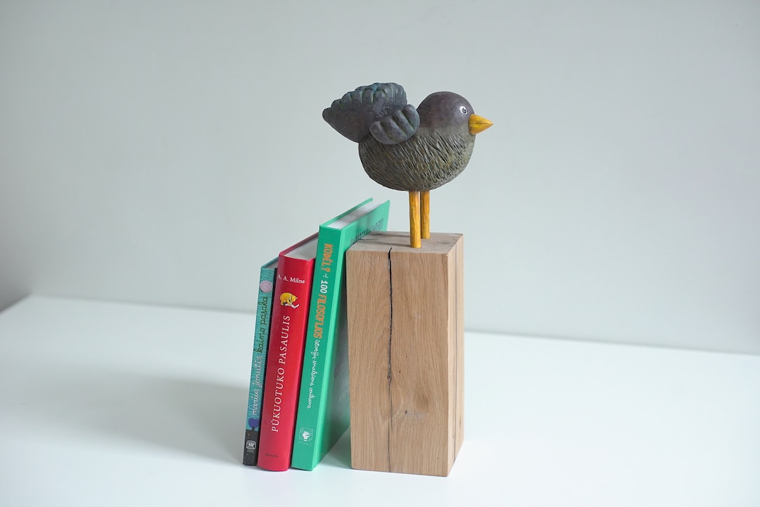 Hand Carved Wood Bird Bookend, Bird Book Holder, Handmade Oak Book ...