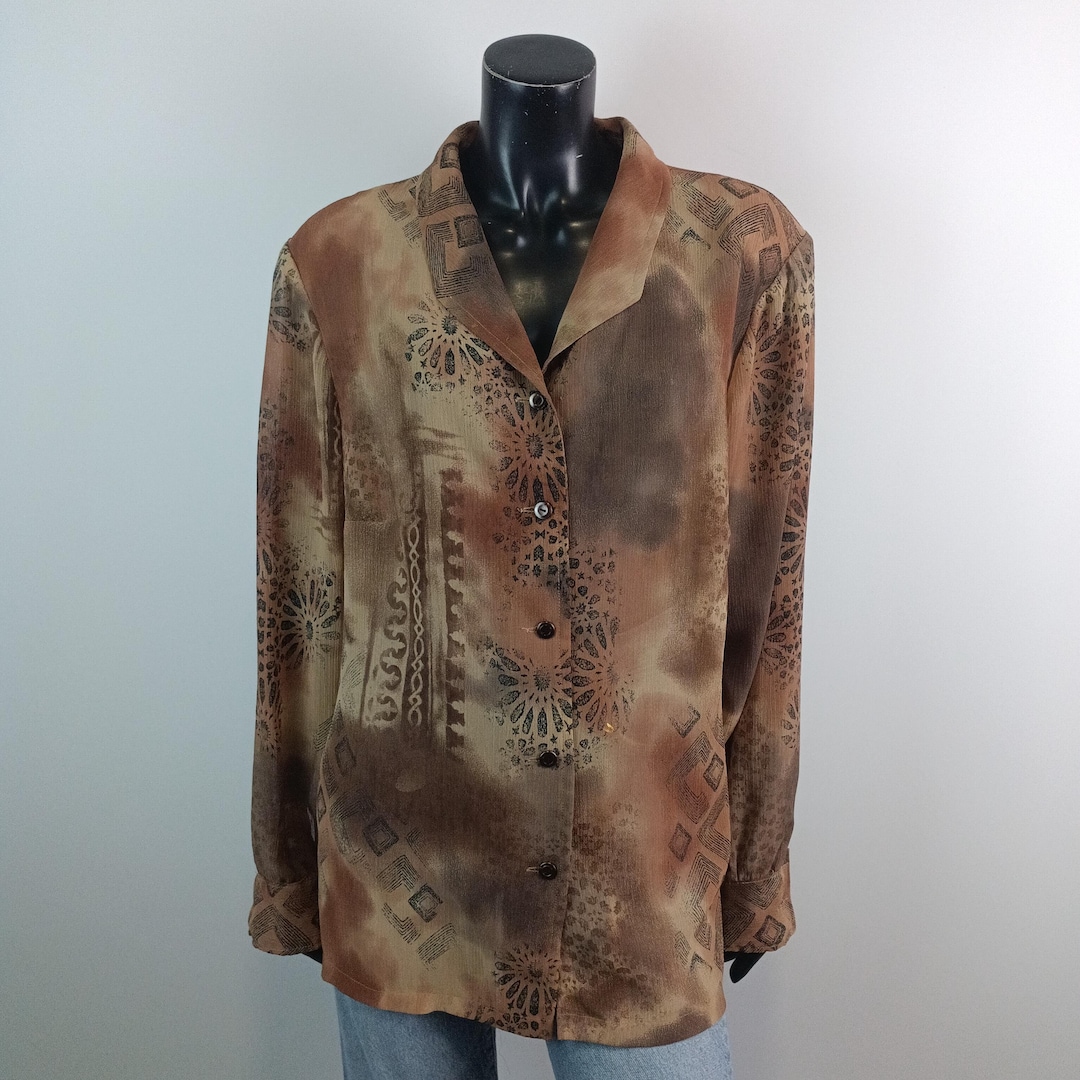 90s Sheer Mandala Blouse, Oversized Boho Shirt, Earthy Tones UK16, US12 ...