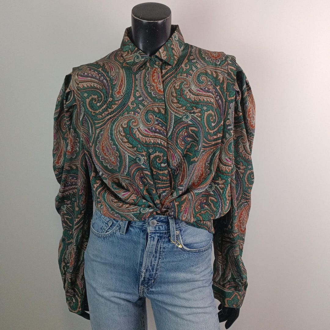80s Textured Paisley Shirt, Old Money Blouse, Paisley Blouson Blouse ...