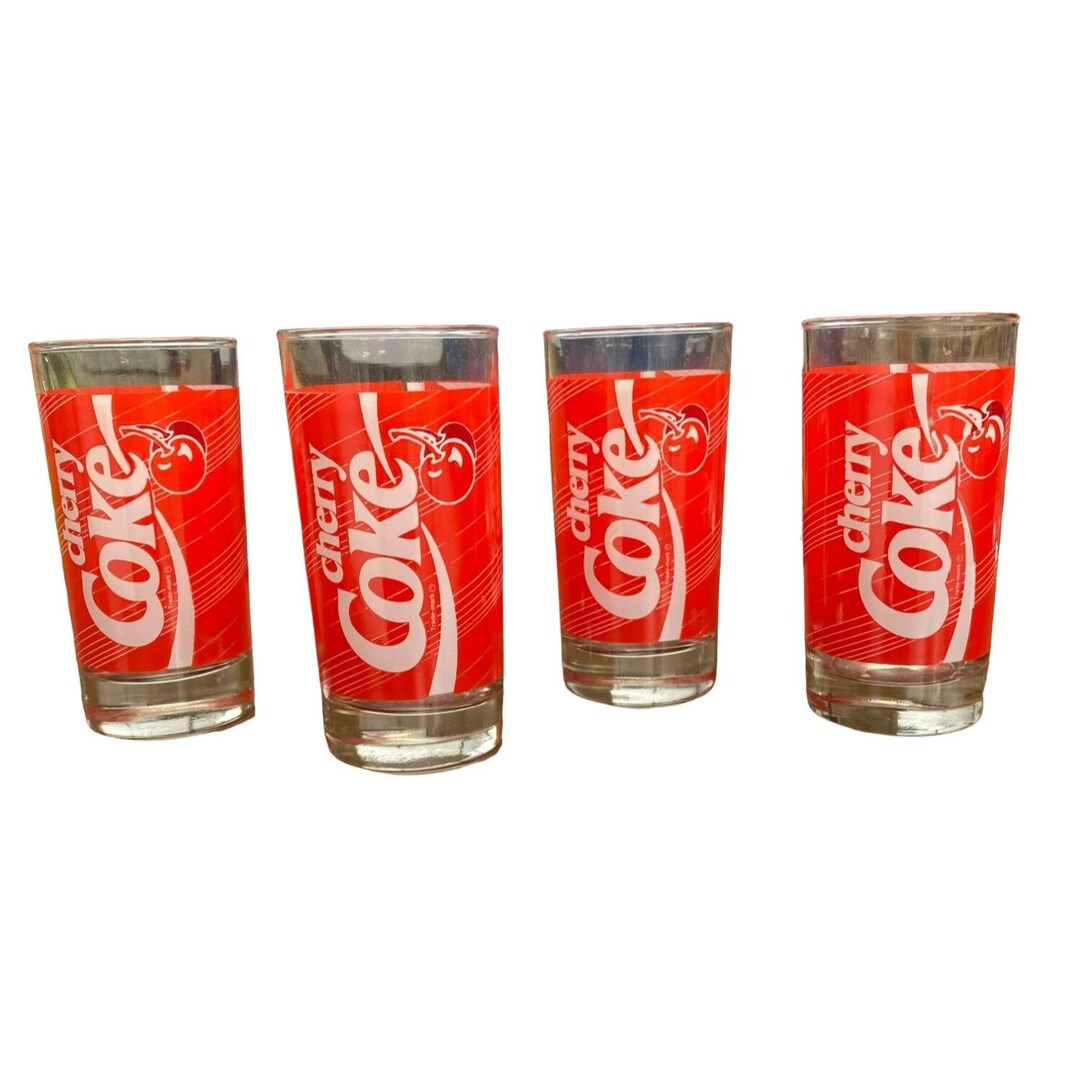 Vintage Cherry Coke Glass Set of 4 Tall 12 Oz Tumblers Retro 1980s Coca ...