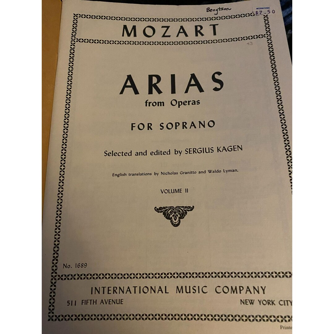 Mozart Arias From Operas for Soprano Vol II Edited by Sergius Kagen - Etsy