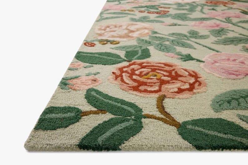 Handmade Floral Wool Rug: Vintage Botanical Roses Carpet (5x7, 8x10 ...