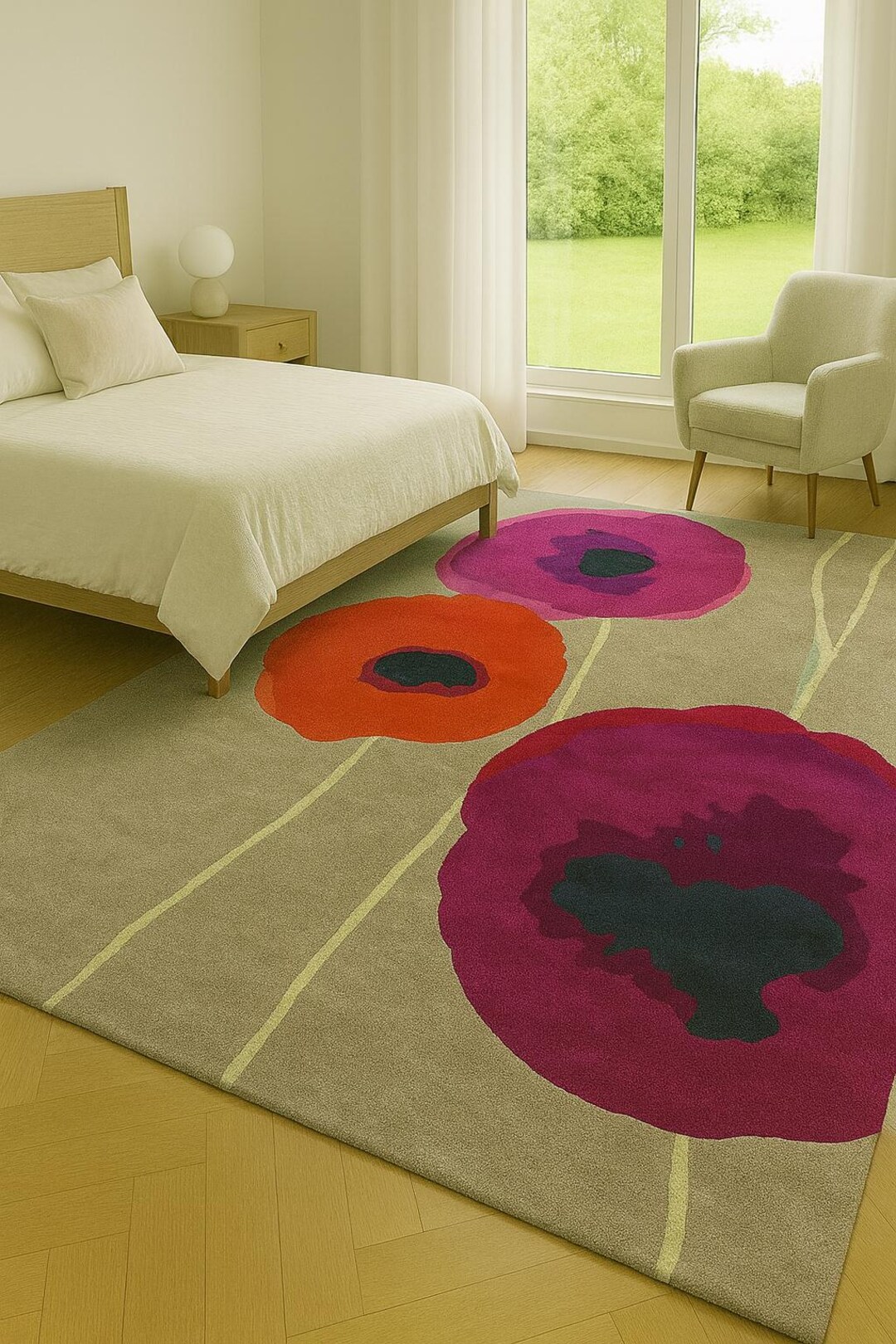 Handmade Tufted Wool Rug: Bold Poppy Flower Design, 8x10 Floral Area ...