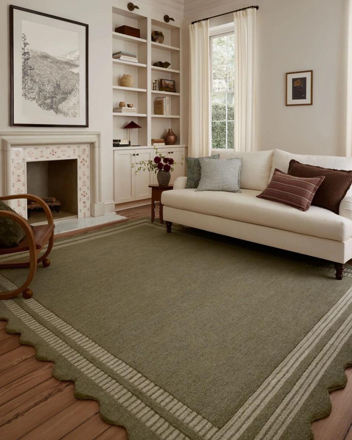 Green Scalloped Edged Area Rug - Custom Size Woven Carpet for Living ...