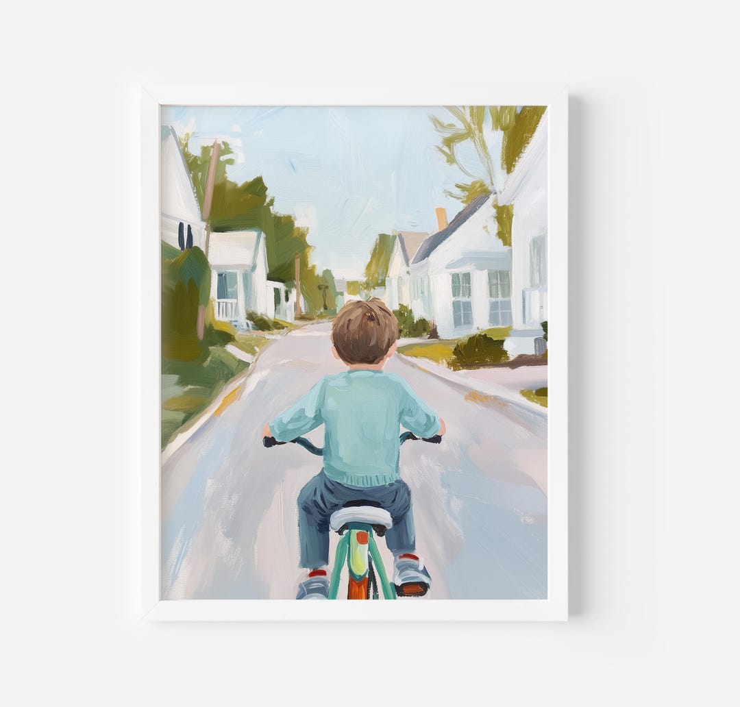 Boy Nursery Print, Boys Room Art, Boy and Bicycle Painting, Digital Art ...