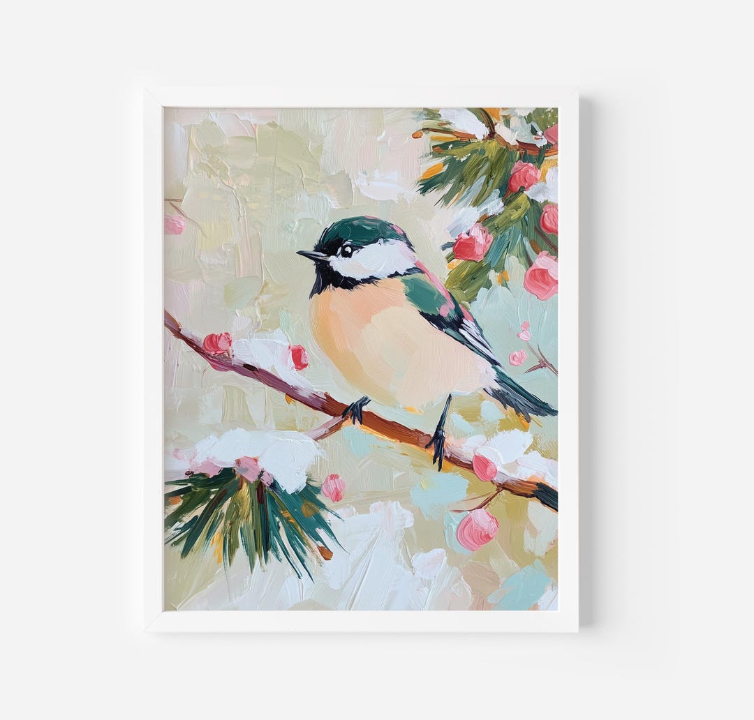 Winter Chickadee Art Print: Snowy Bird Painting (digital Download ...