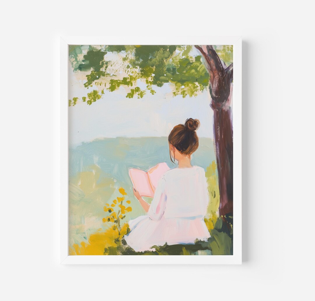 Girl Reading Book Print, Instant Download, Nature Cozy Reading Spot ...