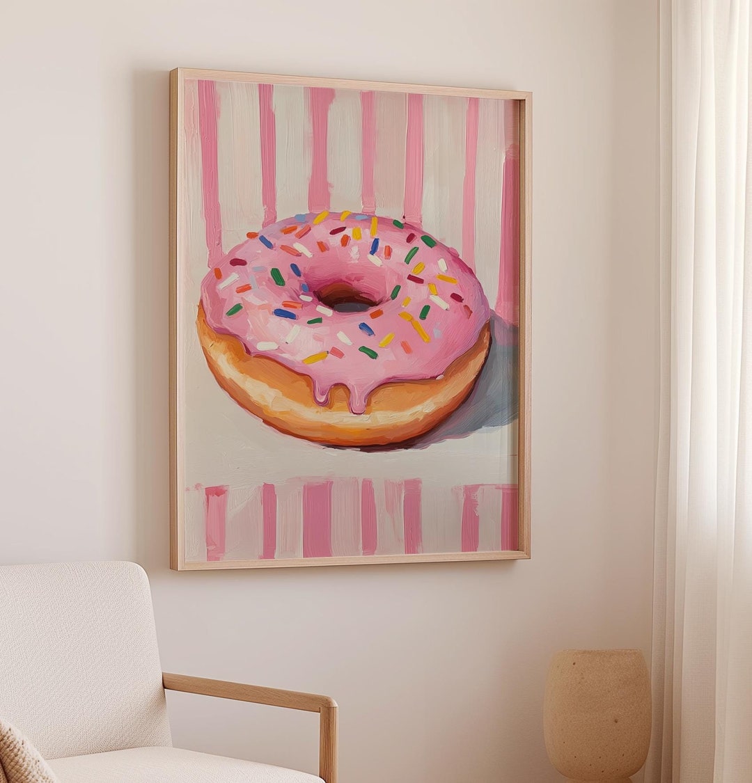 Pink Donut Wall Art Print, Donut Painting, Trendy Vintage Poster, Retro ...