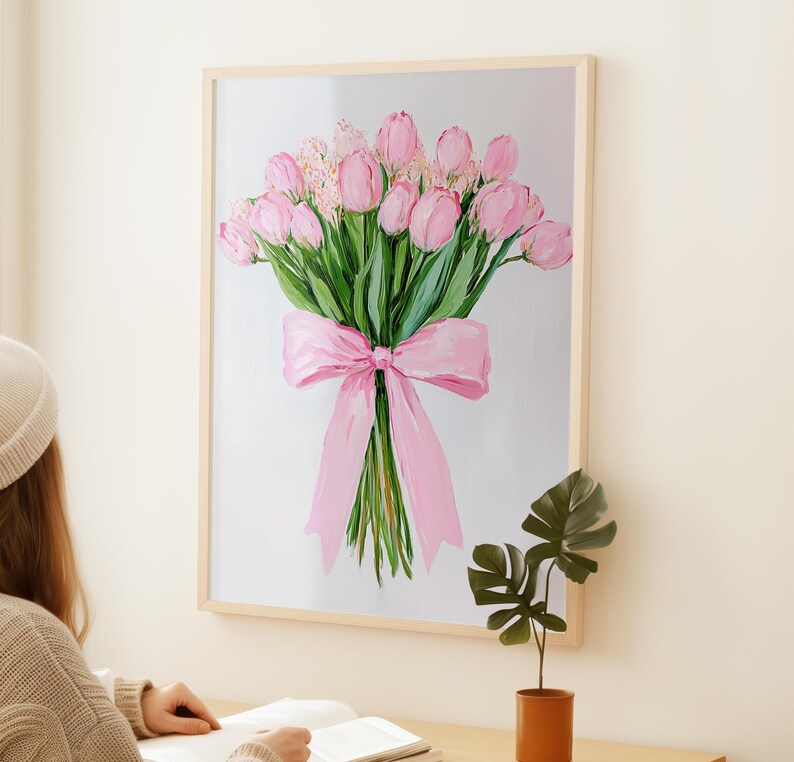 Tulip Flower Bouquet Art Print, Coquette Trendy Bow Print, Tulips Oil ...