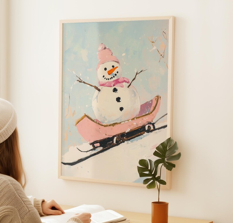 Pink Christmas Snowman Art Print: Winter Festive Decor (digital ...
