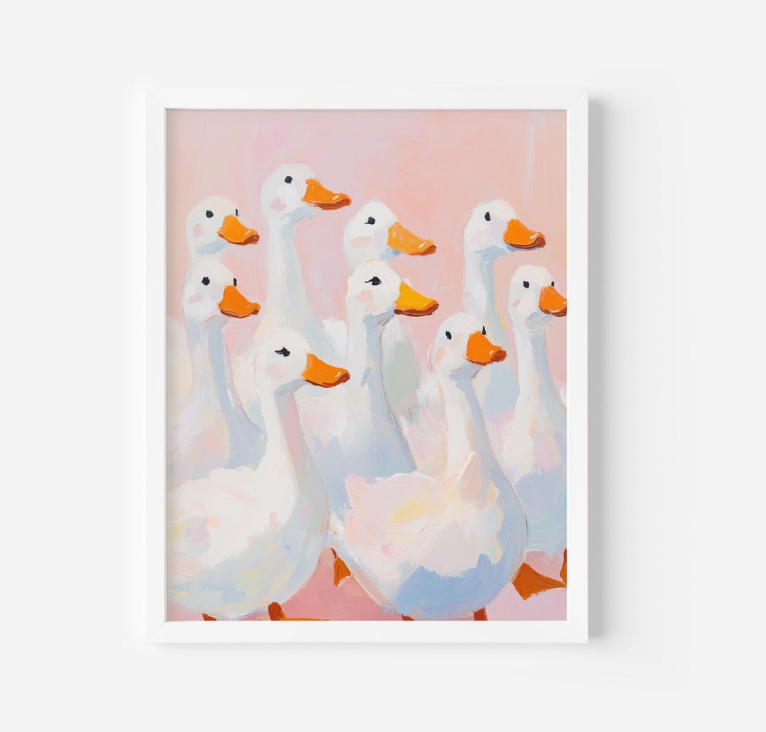 White Ducks Art Print: Minimalist Pink Farmhouse Decor (digital ...