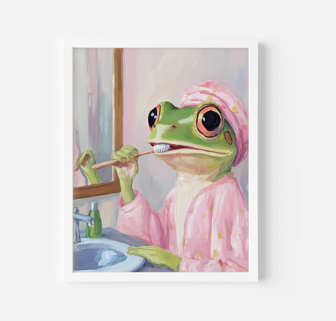 Frog in Bathtub Printable, Frog Brushing Print, Toad Bathroom Modern ...