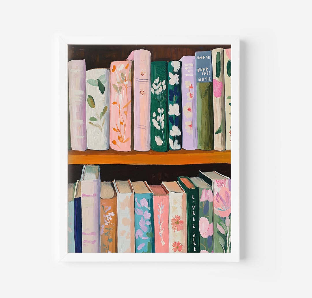 Book Shelf Art Print, Floral Library Decor, Book Lover's Wall Art ...