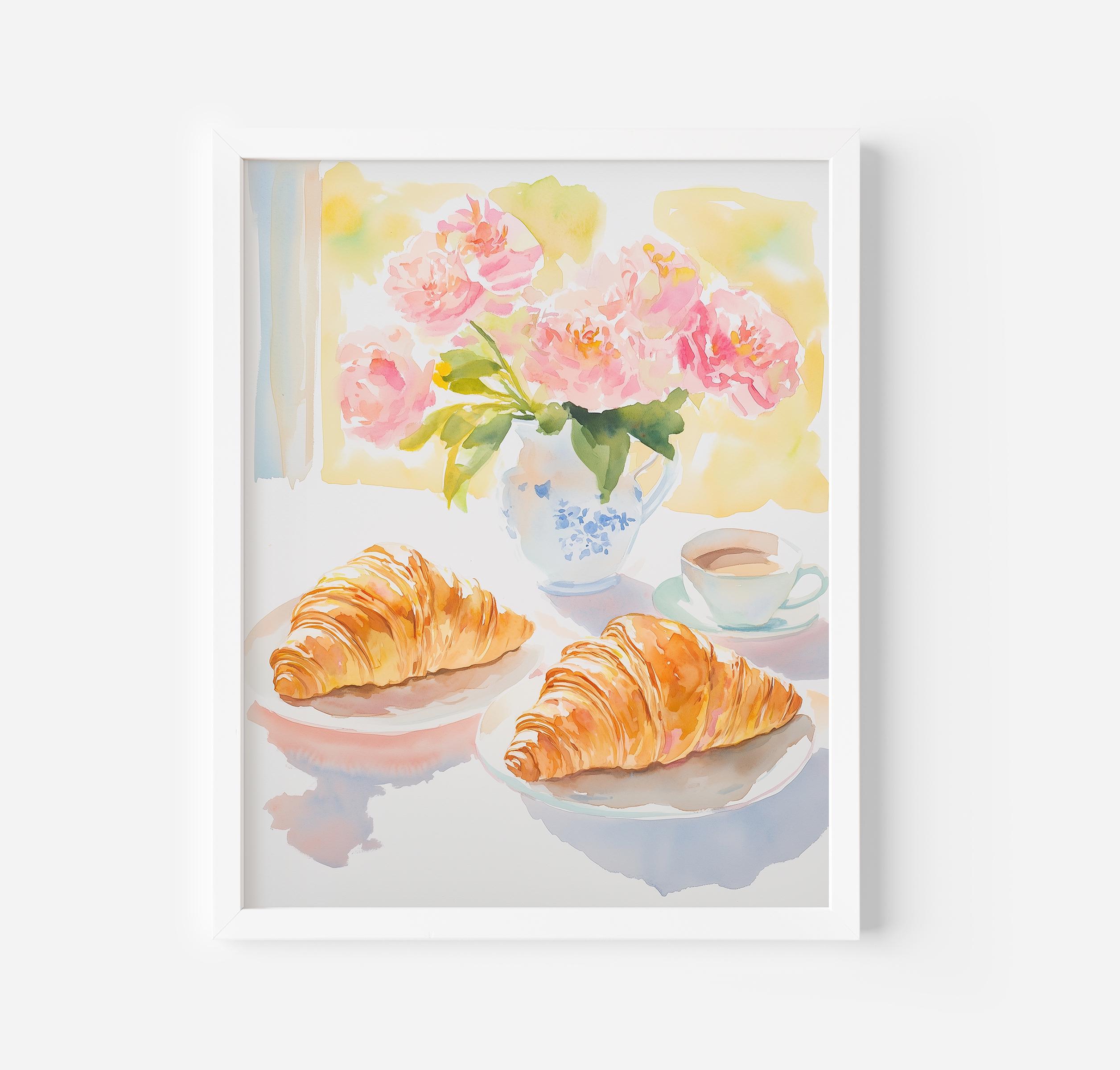 French Country Breakfast Art Print: Croissants & Floral Tea (digital ...
