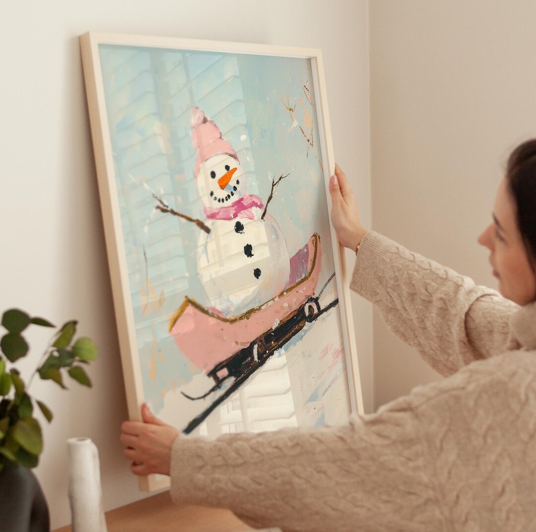 Pink Christmas Snowman Art Print: Winter Festive Decor (digital ...
